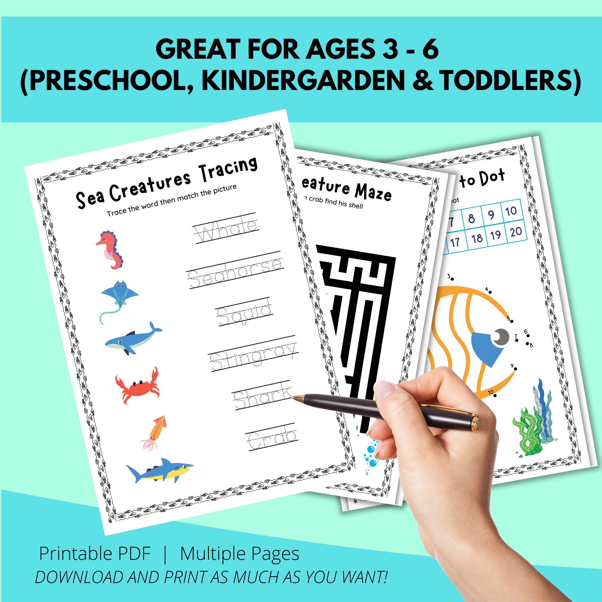 Sea Creatures Printable Worksheets, 25 Worksheets for Kids, Preschool ...