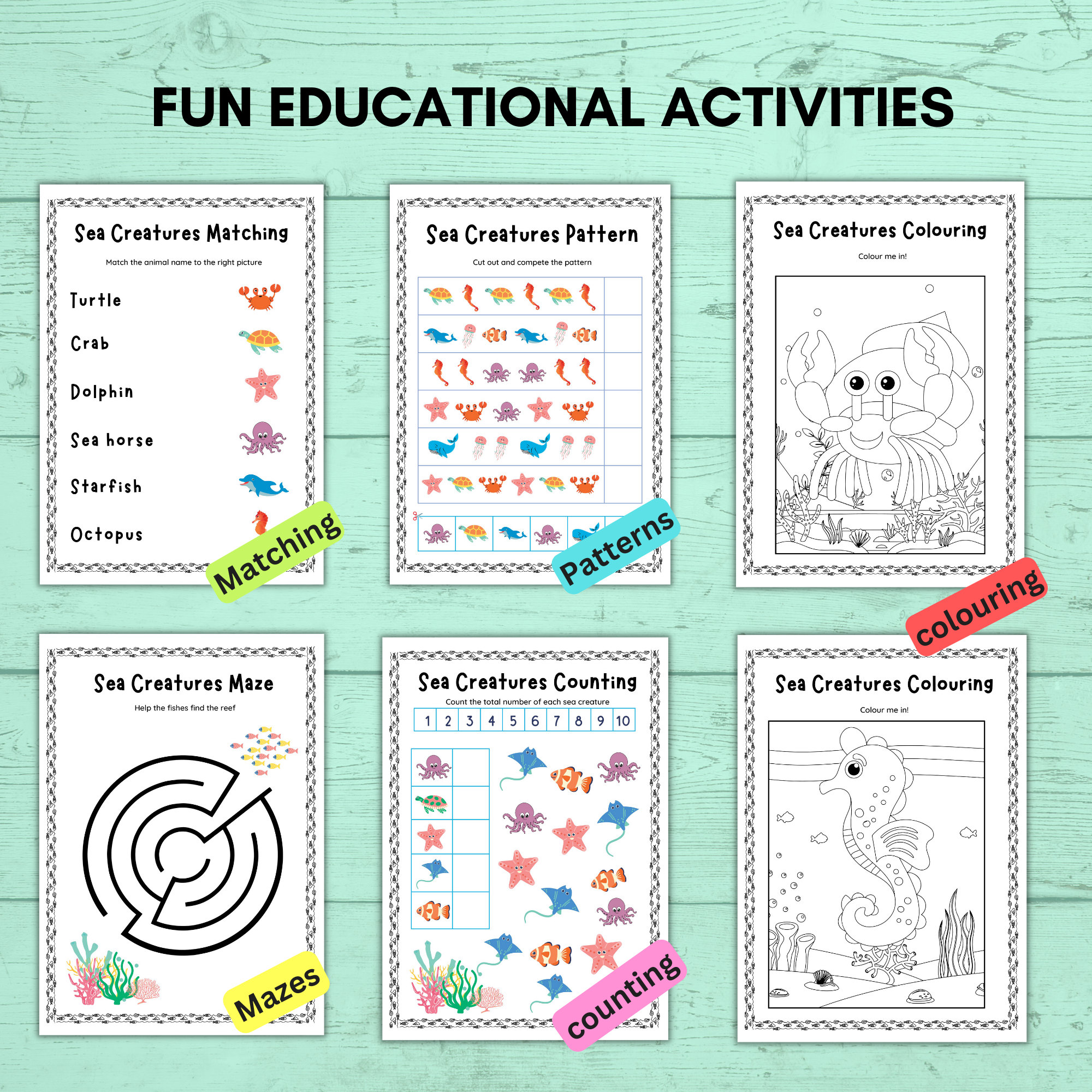 Sea Creatures Printable Worksheets, 25 Worksheets for Kids, Preschool ...