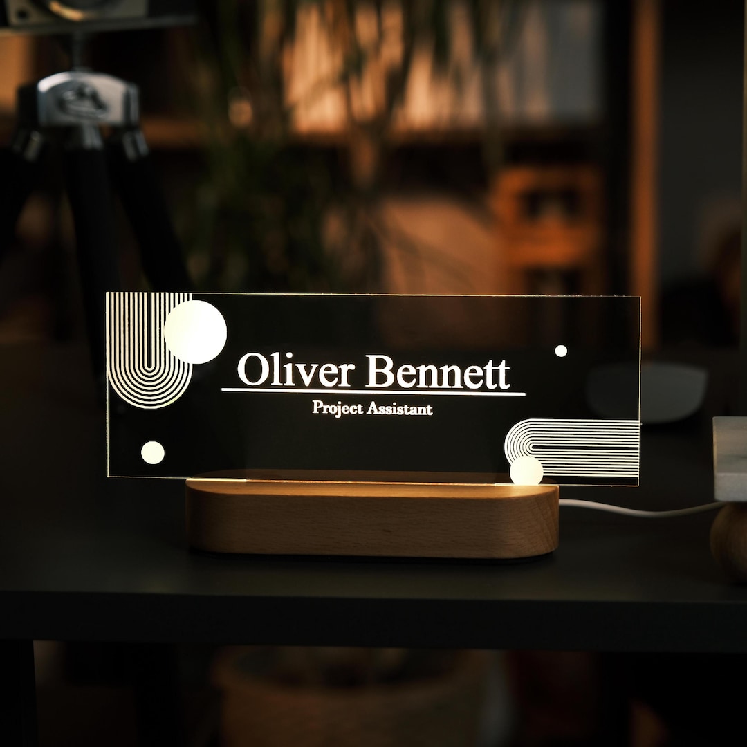 Custom LED Name Sign – Bohem Acrylic Light-up Desk Nameplate With Wood ...