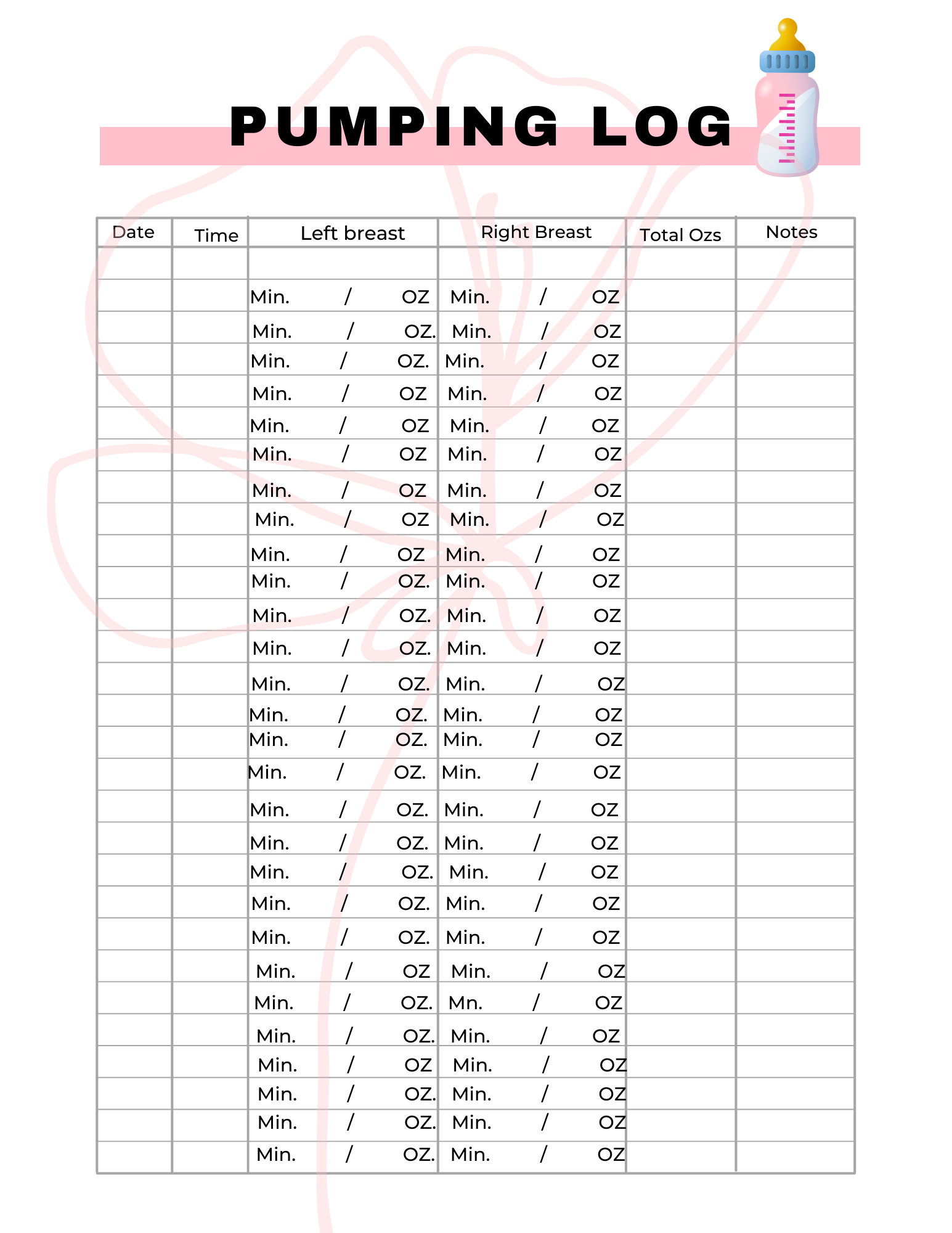 Printable Newborn Baby Care Bundle Breastfeeding, Printable Pink Baby ...