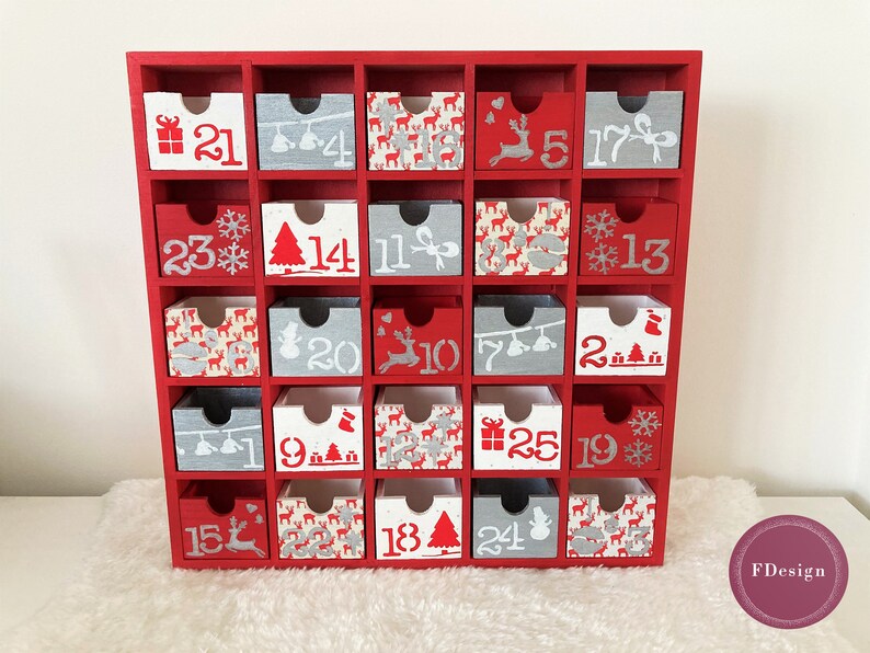 Wooden Advent Calendar Hand-painted 35x35cm Red & Silver to Be Filled ...