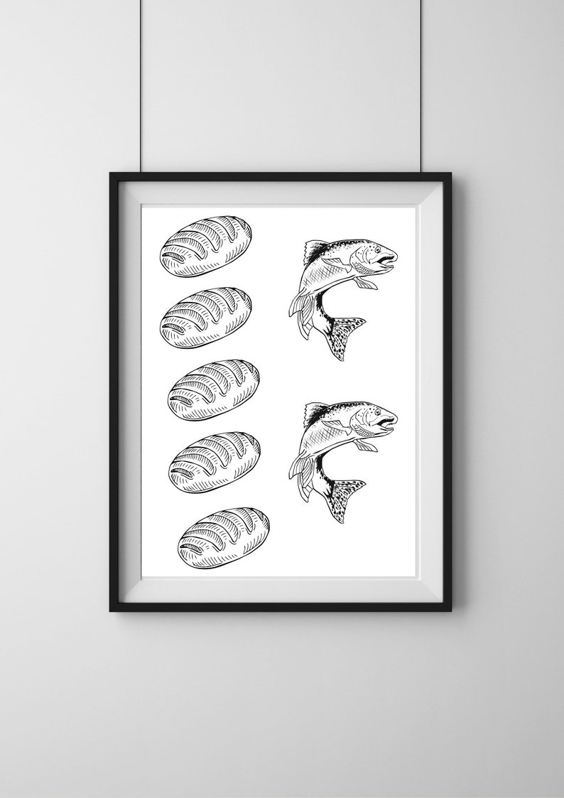 Jesus Feeds the 5000, 5 Loaves and 2 Fish, Minimalist Wall Art, Bread ...
