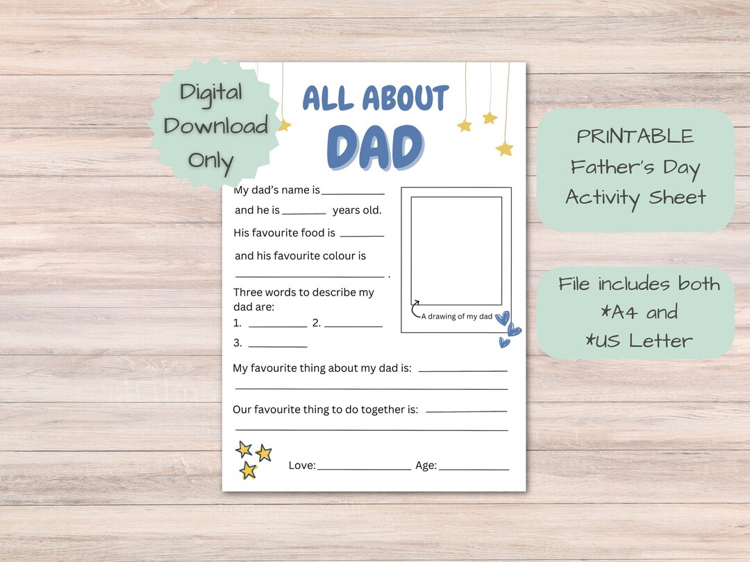 Printable Father's Day Worksheet, Father's Day Gift From Kids, Fill in ...