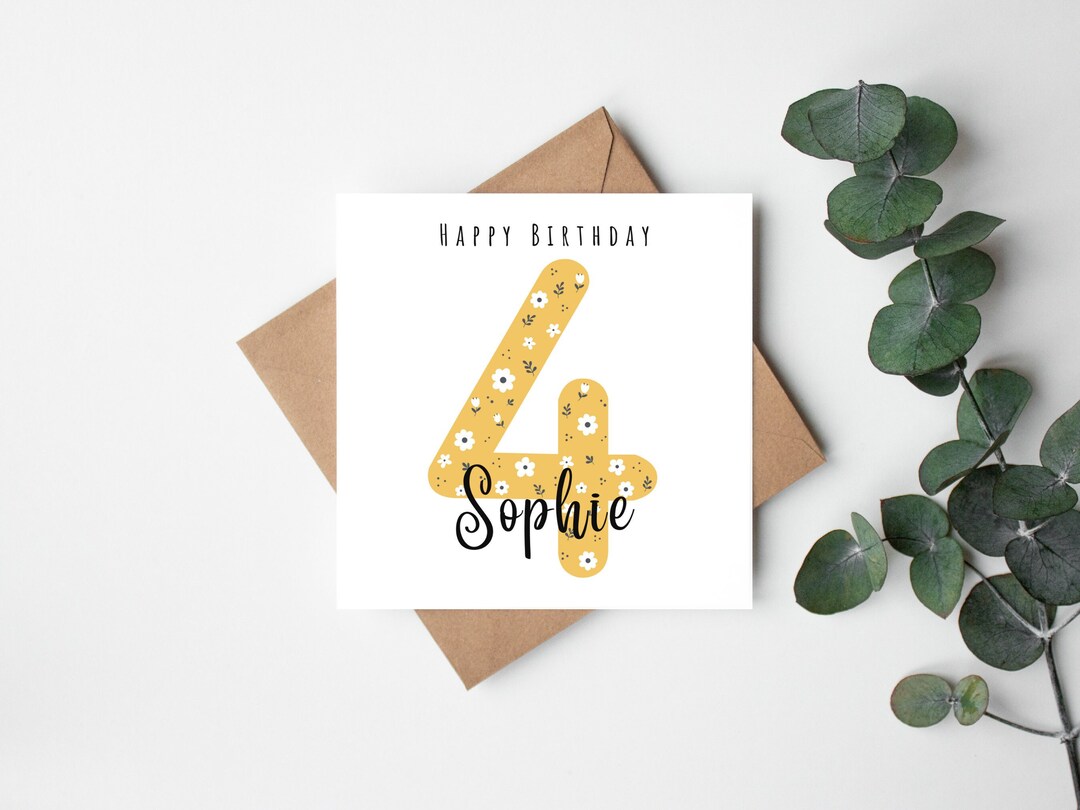 Personalised Fourth Birthday Card, 4th Birthday Card Girl, Custom Name ...