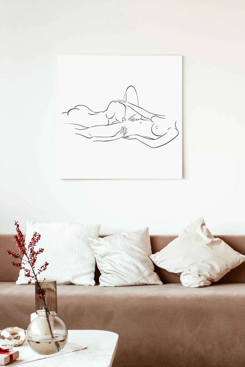Lesbian Art Nude Line Drawing Erotic Nudity Sensual Bedroom Wall Art