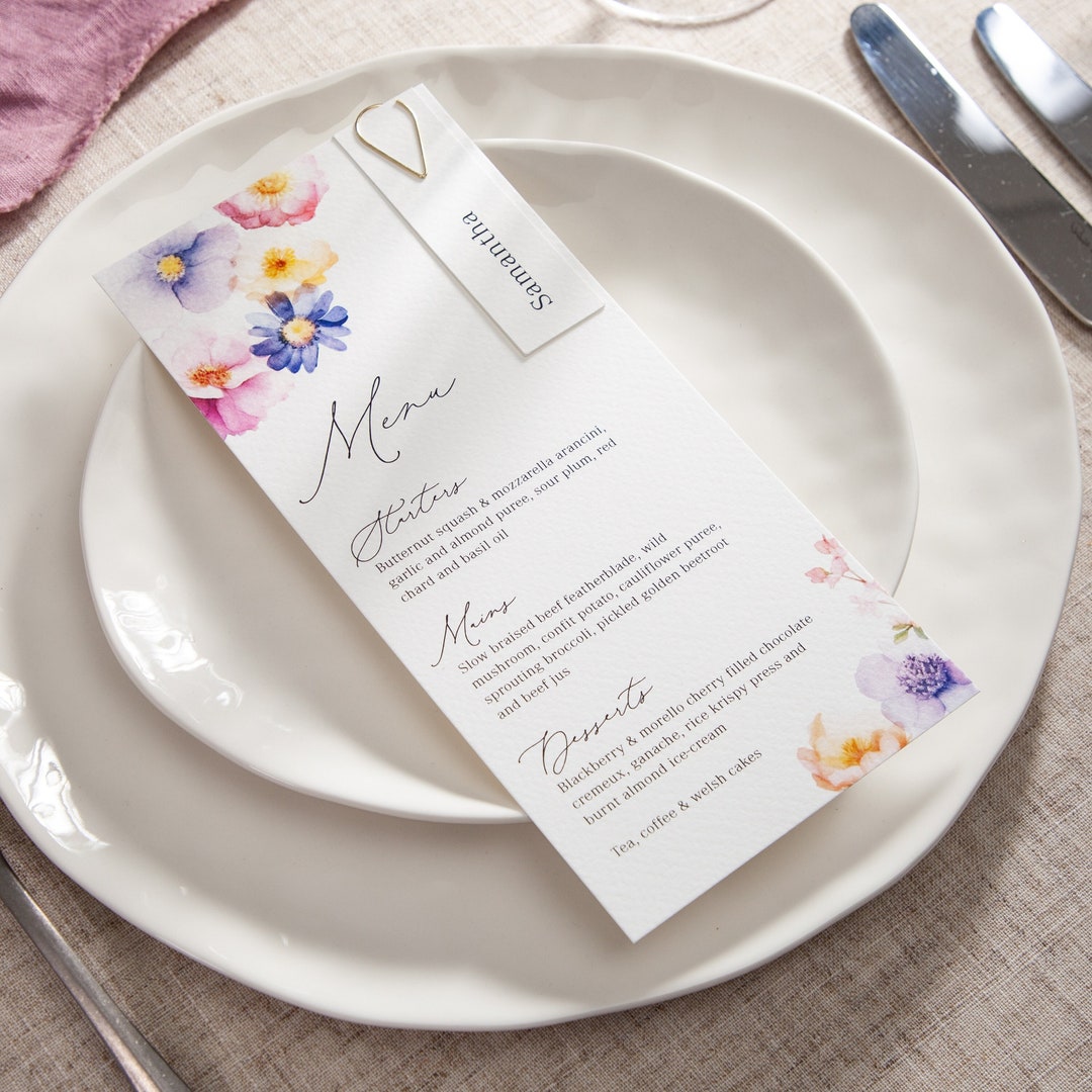 Pressed Floral White Wedding Menus - Etsy
