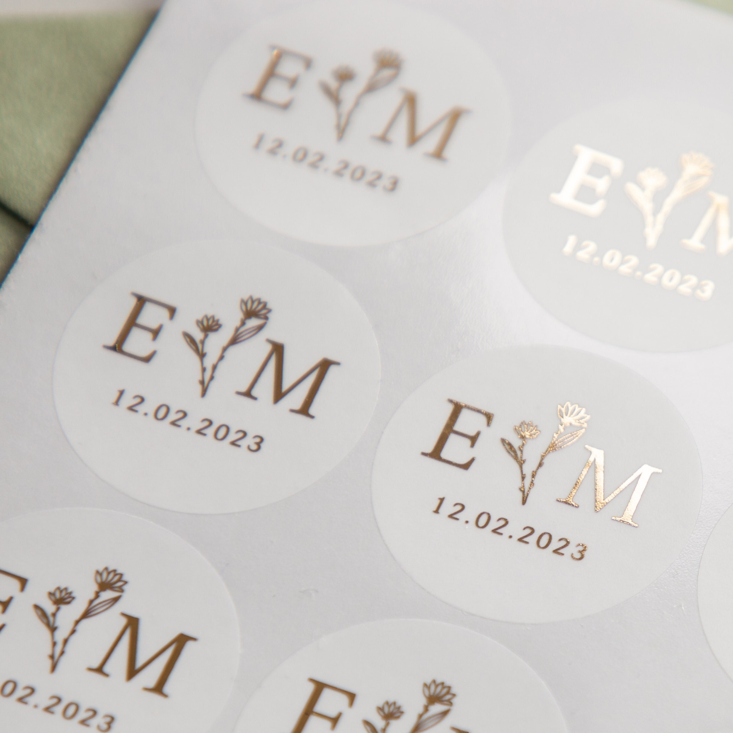 Initials With Floral Line Drawing Foiled Wedding Stickers | Gold Foiled ...