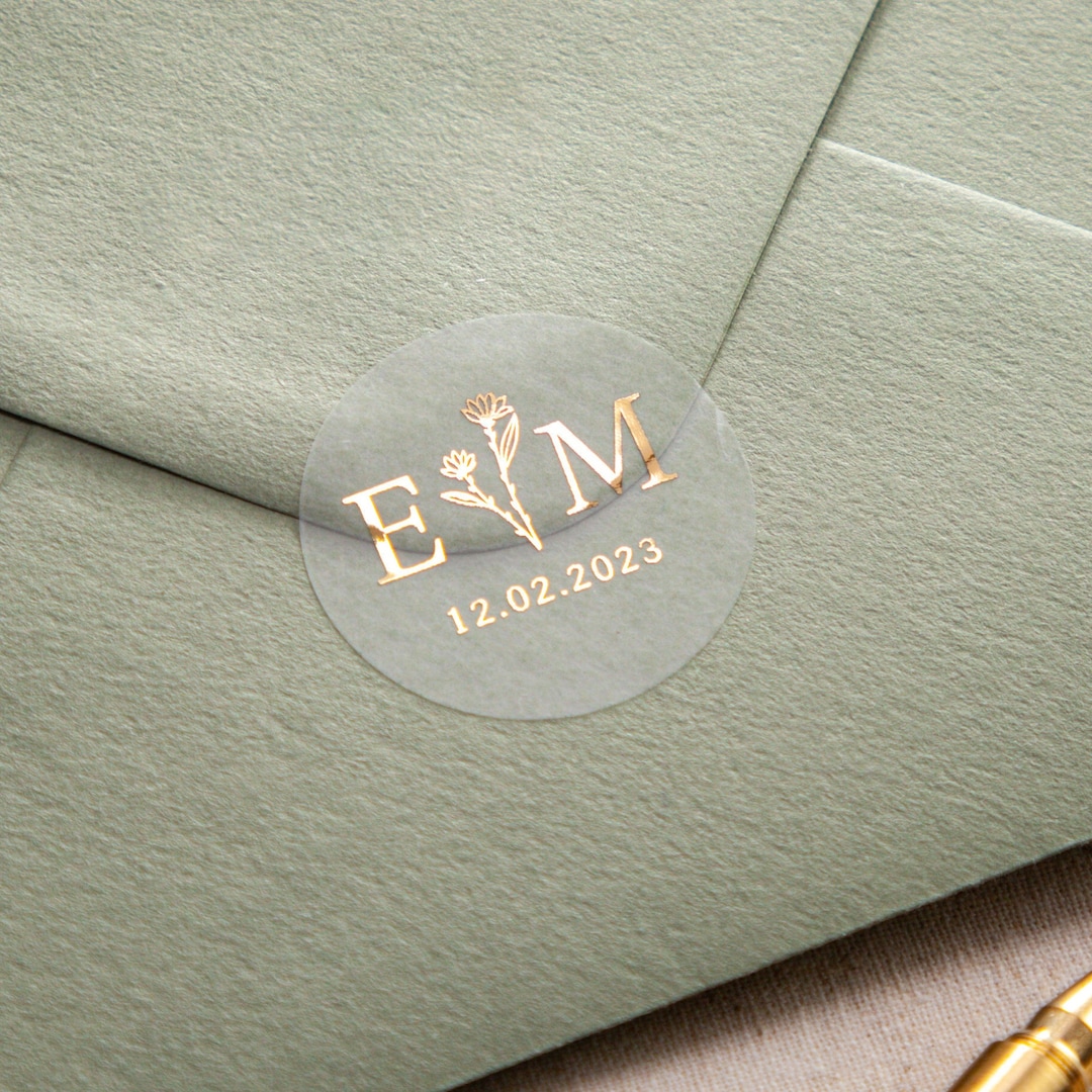 Initials With Floral Line Drawing Foiled Wedding Stickers | Gold Foiled ...
