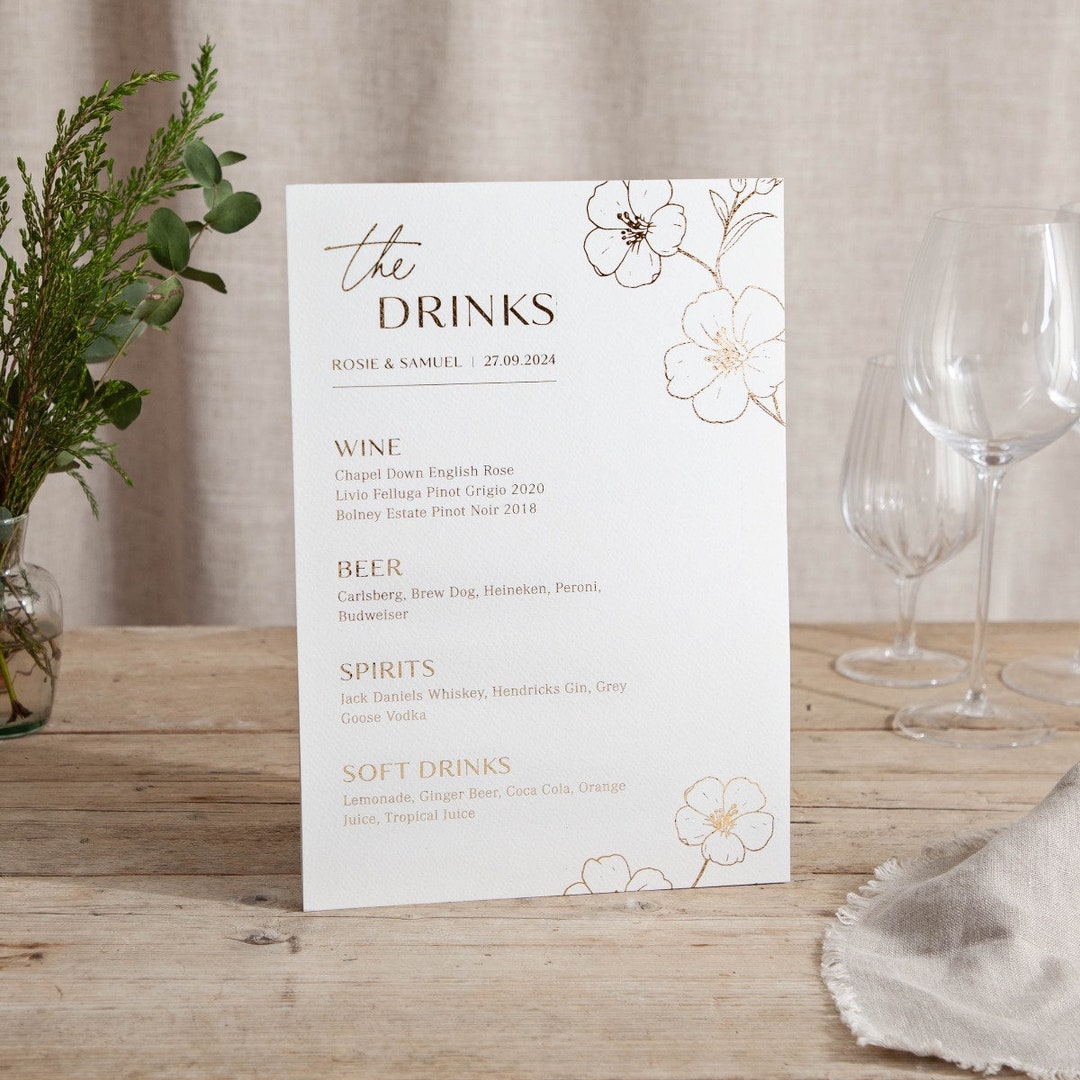 Blossom Foiled Wedding Drinks Menu Sign on the Day Signage Personalised ...