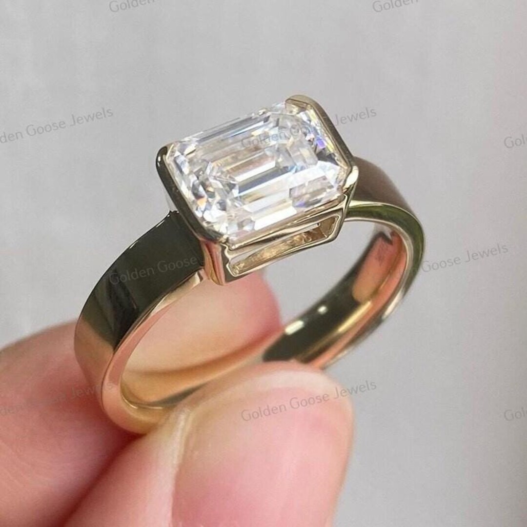 1.00CT Lab Grown CVD Emerald Cut Bezel Set Ring/step-cut East-west Ring ...