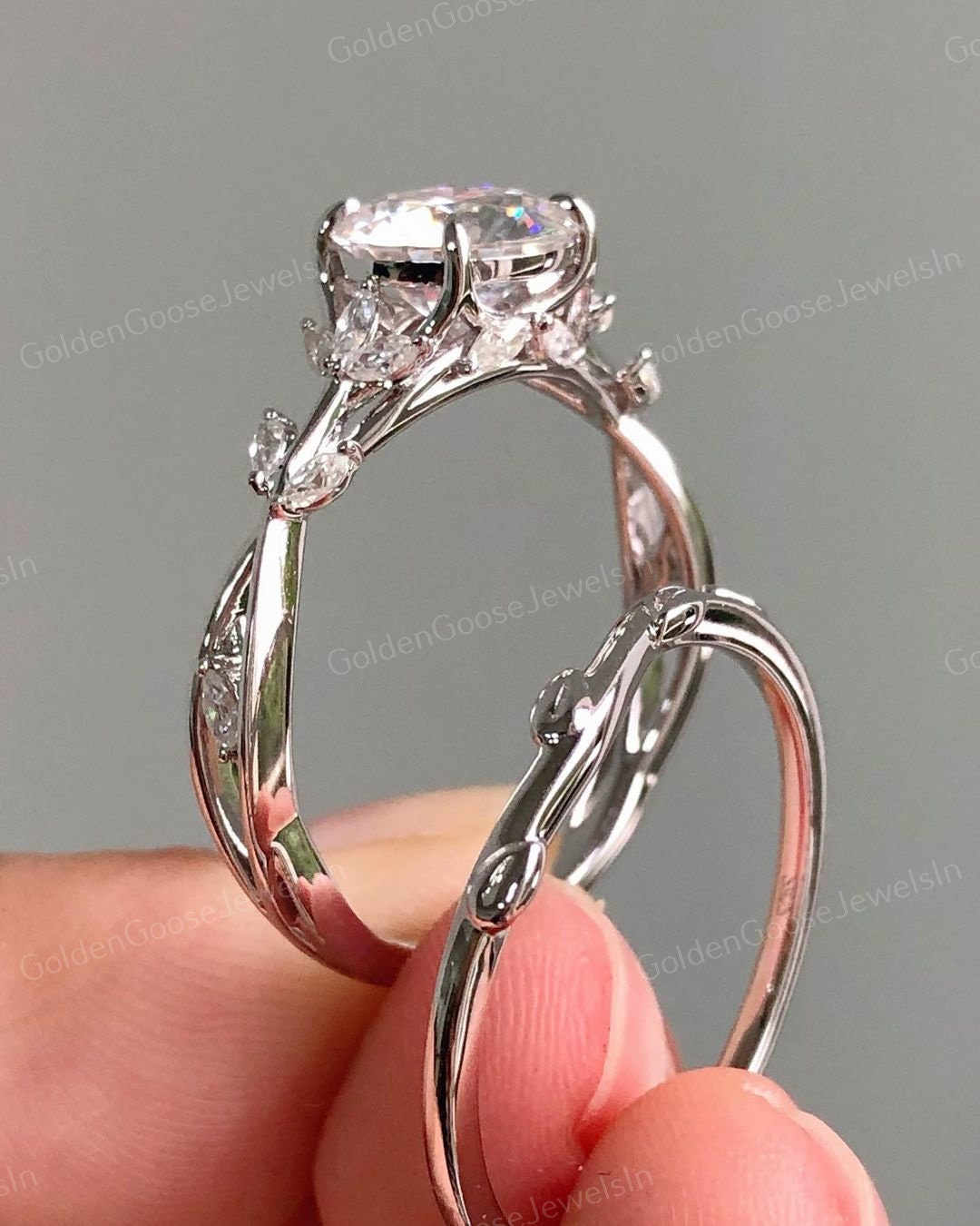 Leaf and Vines Moissanite Bridal Set, Feminine Moissanite Ring Design ...