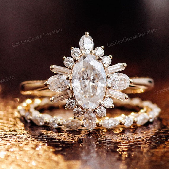 1.90 CT Oval Cut Lab Grown CVD Diamond 14K Solid Gold Starburst Bridal Ring Set matching Wedding Band for Her engagement Ring Etsy