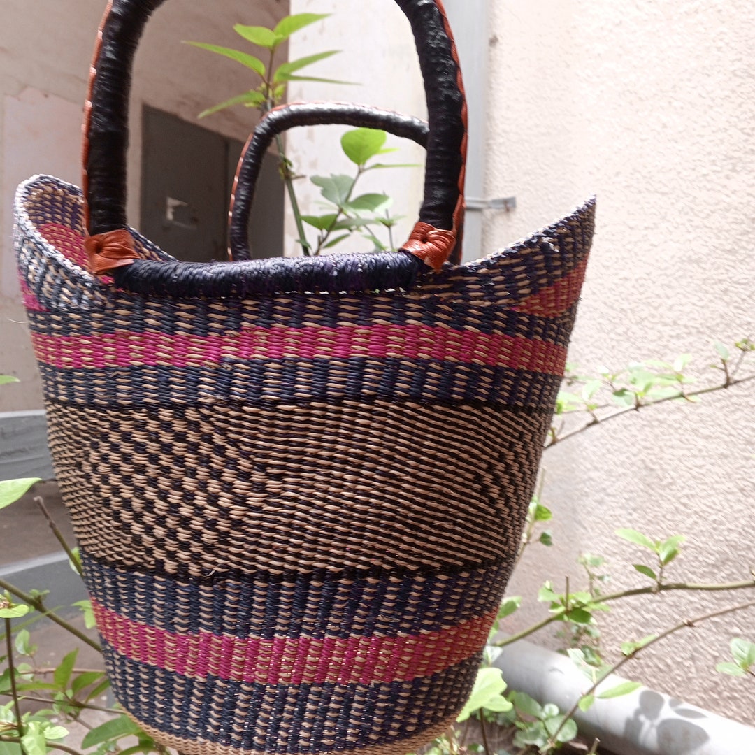 Woven Market Basket, Natural U-shopper, Handbag With Leather Handle ...