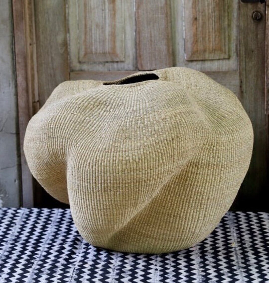 Handwoven Bolga Art Basket, Wavy Natural Straw Flower Basket, Large ...