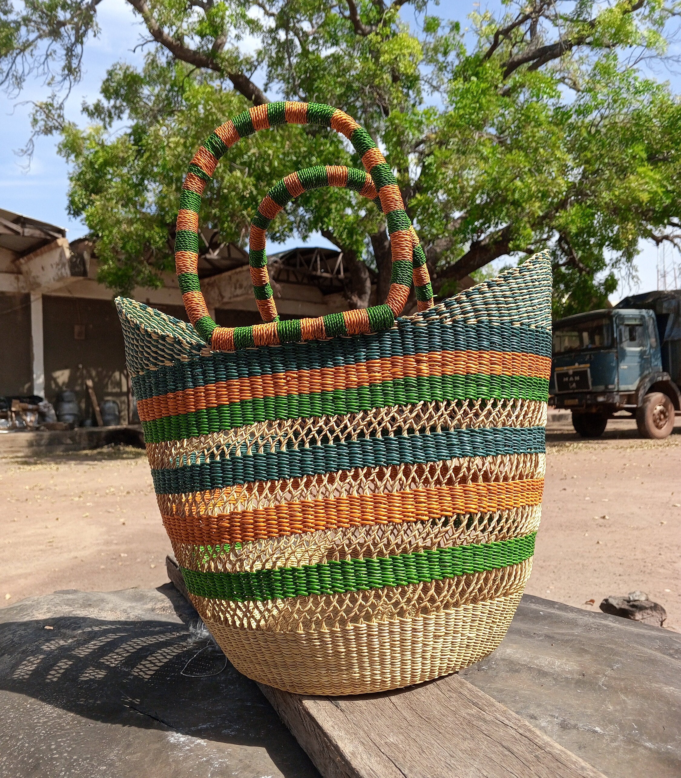 African Shopping Basket, Large Picnic Tote Basket, Woven Straw Shopper ...