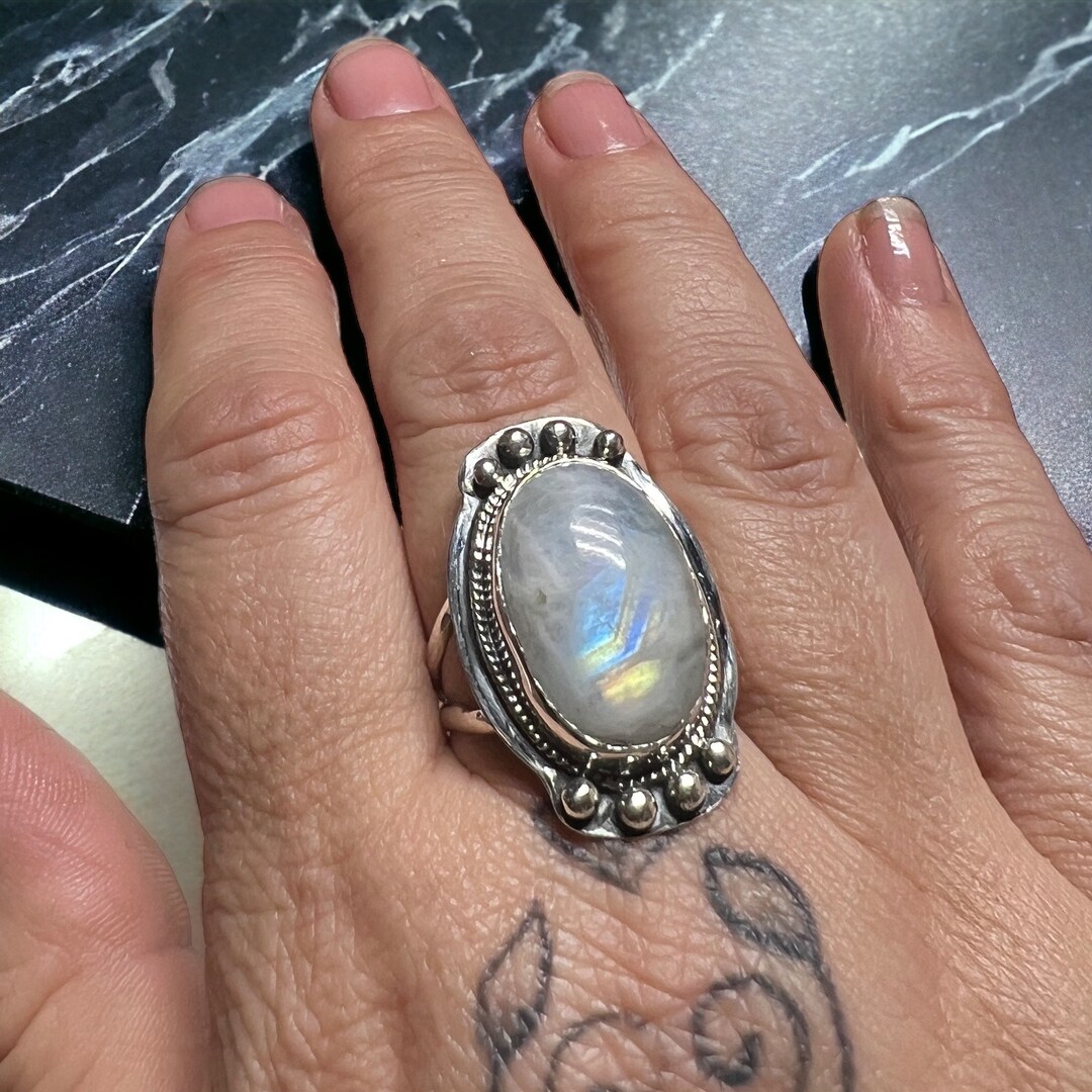 Natural Rainbow Moonstone Sterling Silver Ring / Boho Ring / Bohemian ...