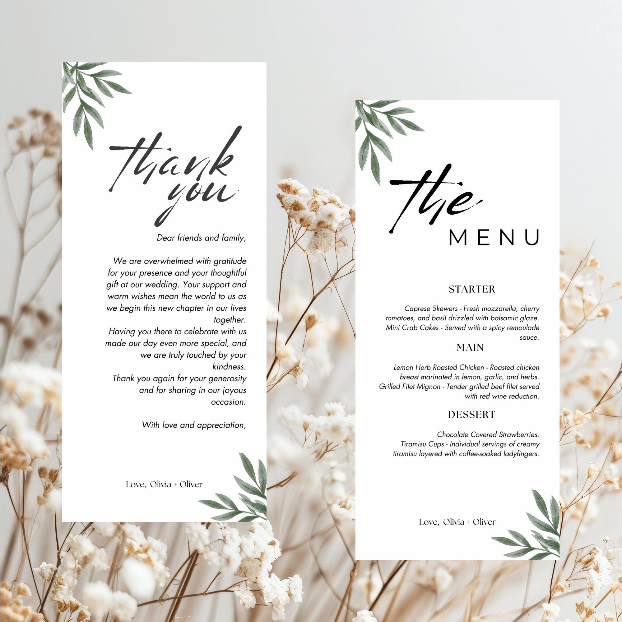 Modern Menu and Thank You Card, Wedding Menu Card, Napkin Note Thank ...
