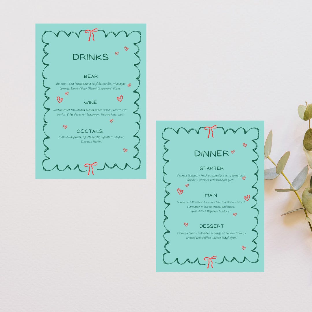 Holiday Drink and Dinner Menu Set, Handwritten Bar Dinner Menu Template ...