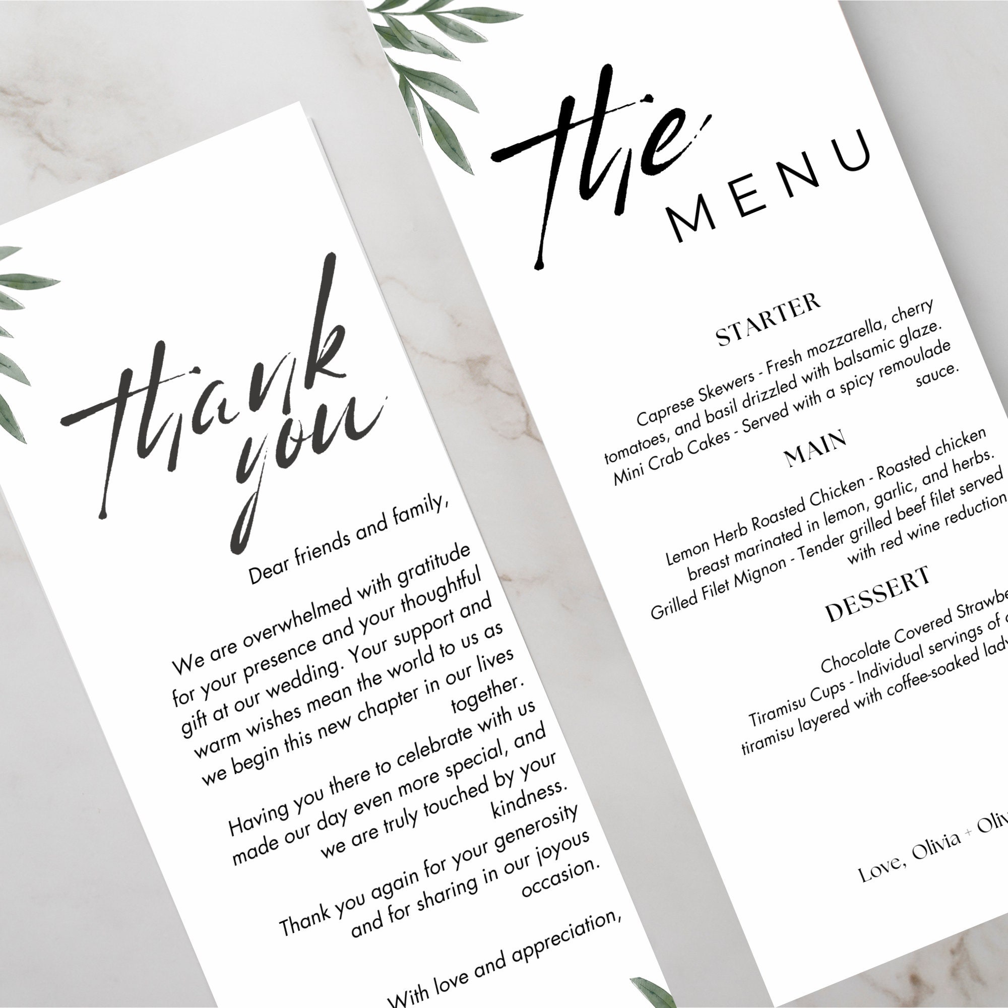 Modern Menu and Thank You Card, Wedding Menu Card, Napkin Note Thank ...