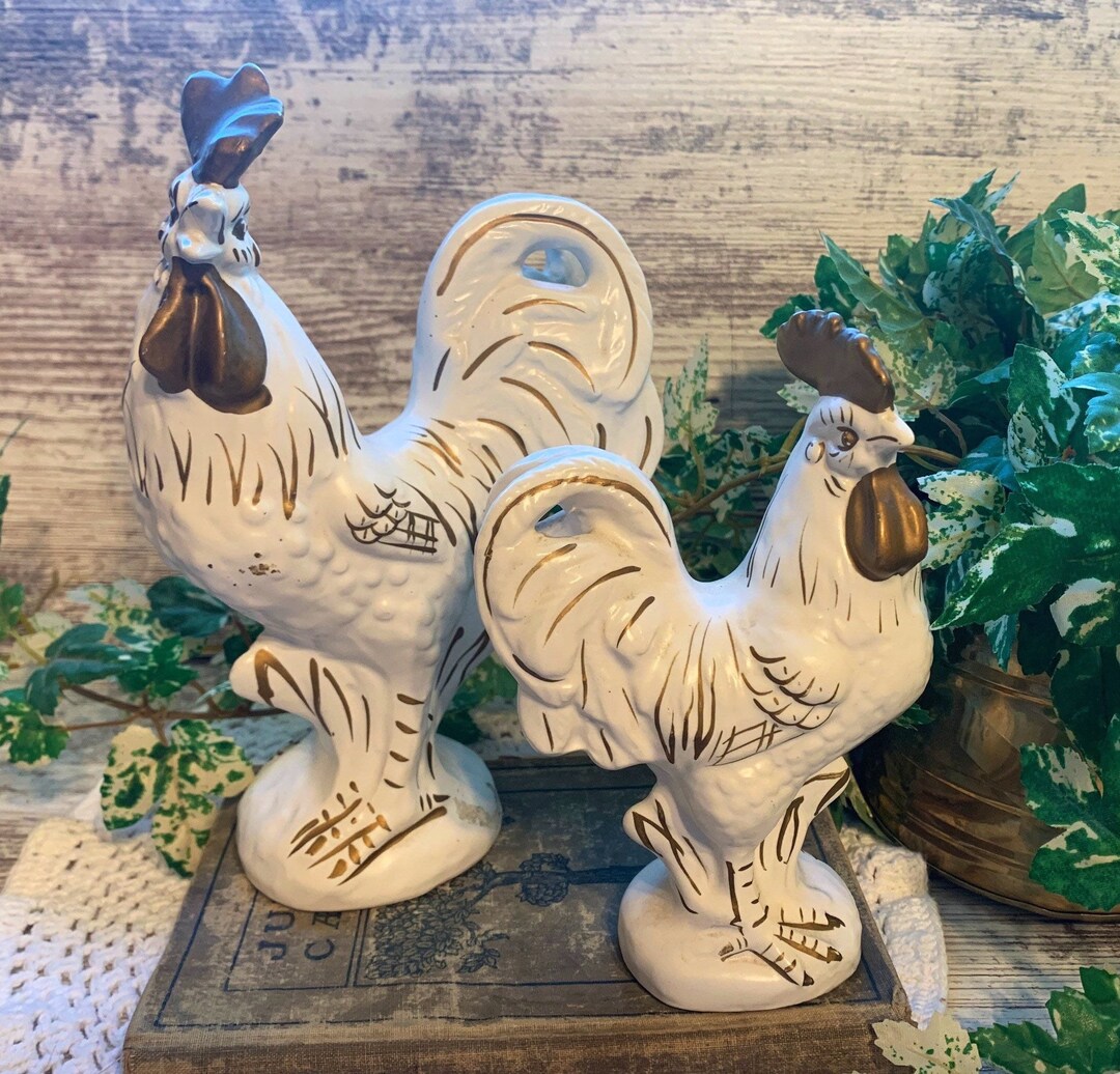 White Rooster and Hen Figurines, Gold Accents, Hand Painted, Norcrest A ...