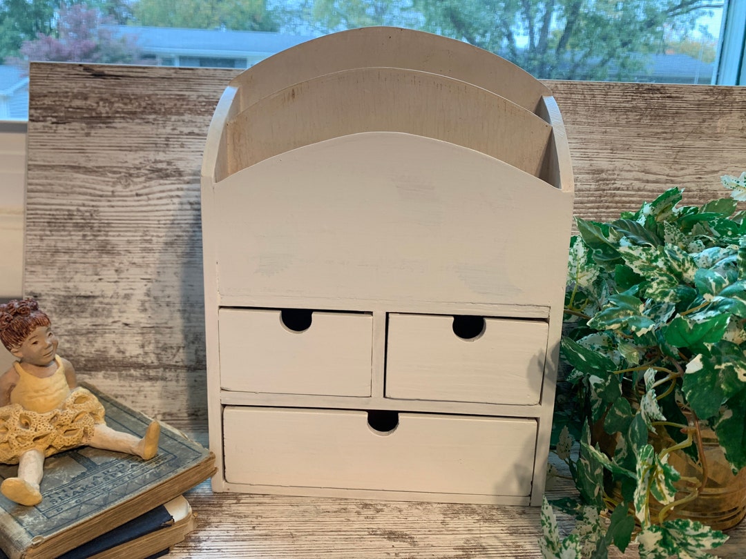 Vintage White Wood Desk Organizer With 3 Drawers - Etsy