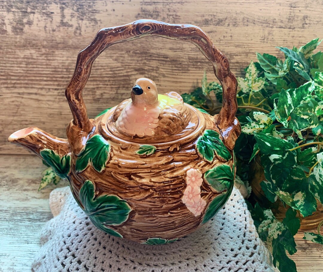 Vintage Majolica Style Hand Painted Teapot~ Twig Bird Nest, Branch ...