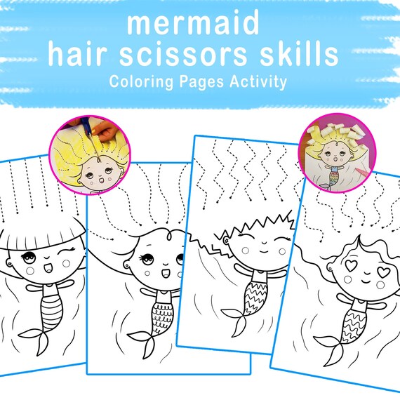 Kids Activities Coloring Pages Mermaid Hair Scissors Skills - Etsy