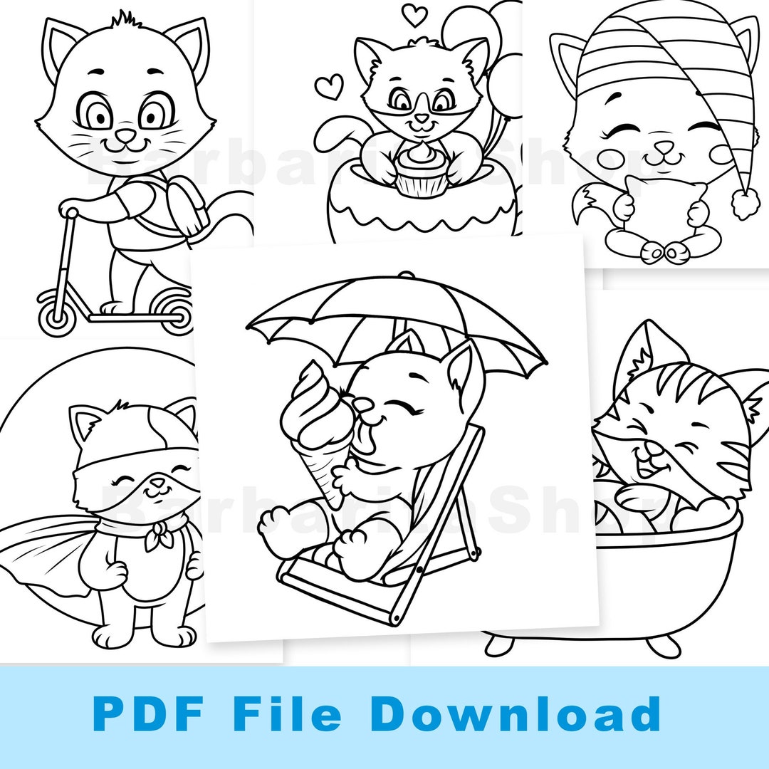 10 Cute Cats, Kitty Coloring Pages Ready to Print Instantly. - Etsy