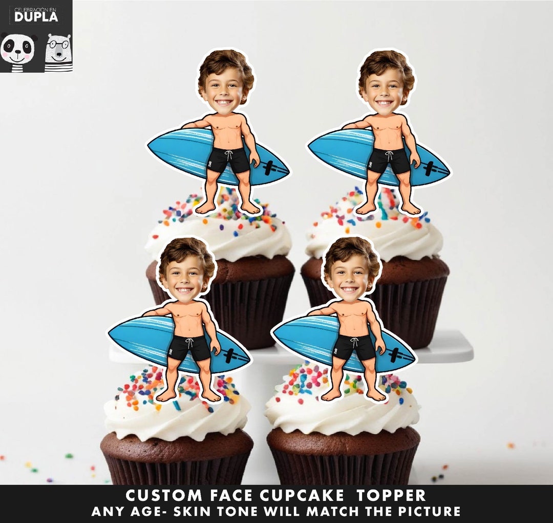 Surfer Cupcake Toppers - Face Cupcake Topper -custom Face- Cupcake ...