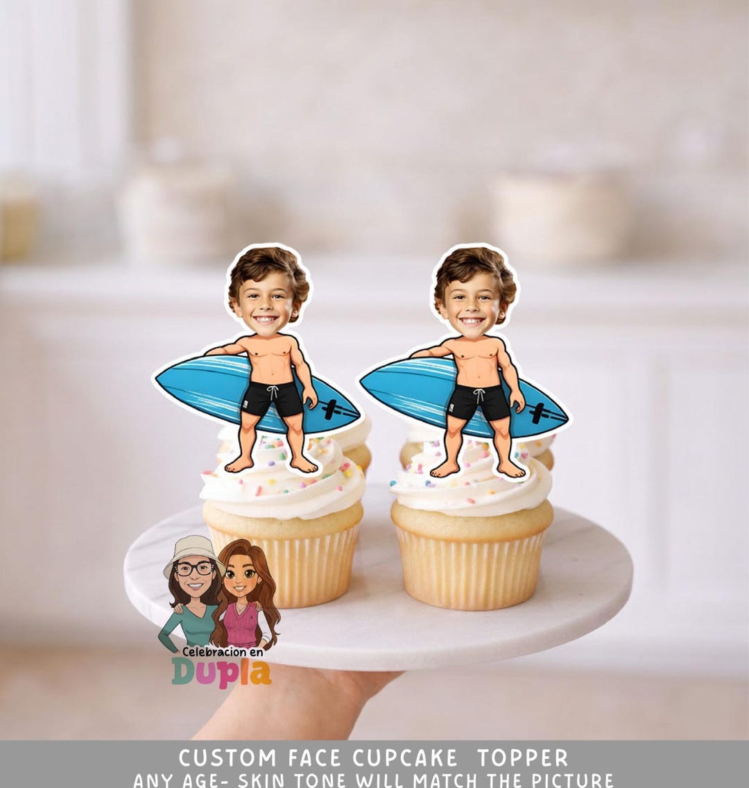 Surfer Cupcake Toppers - Face Cupcake Topper -custom Face- Cupcake ...