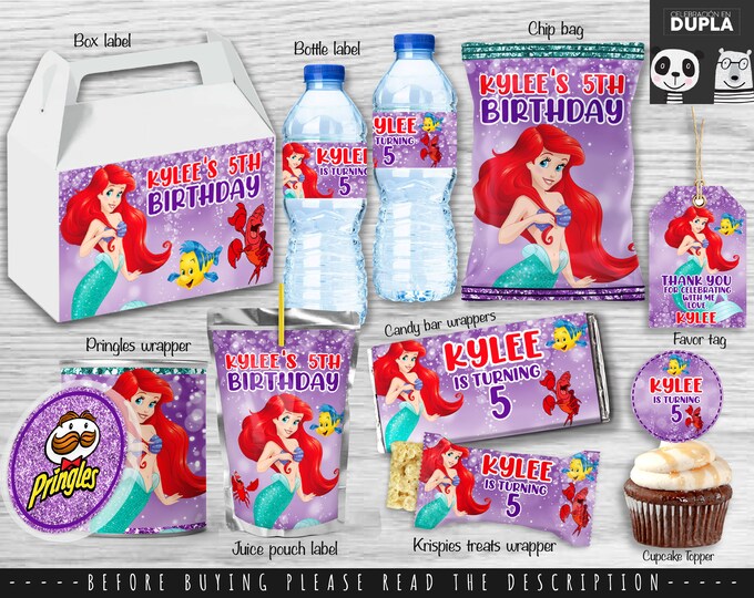 Ariel Pack 5 Labels for Birthday printable DIGITAL DOWNLOAD Chip Bag ...