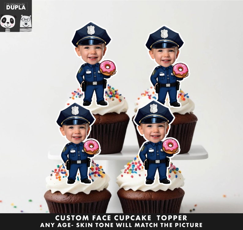 Police Officer Cupcake Toppers - Face Cupcake Topper -custom Face ...