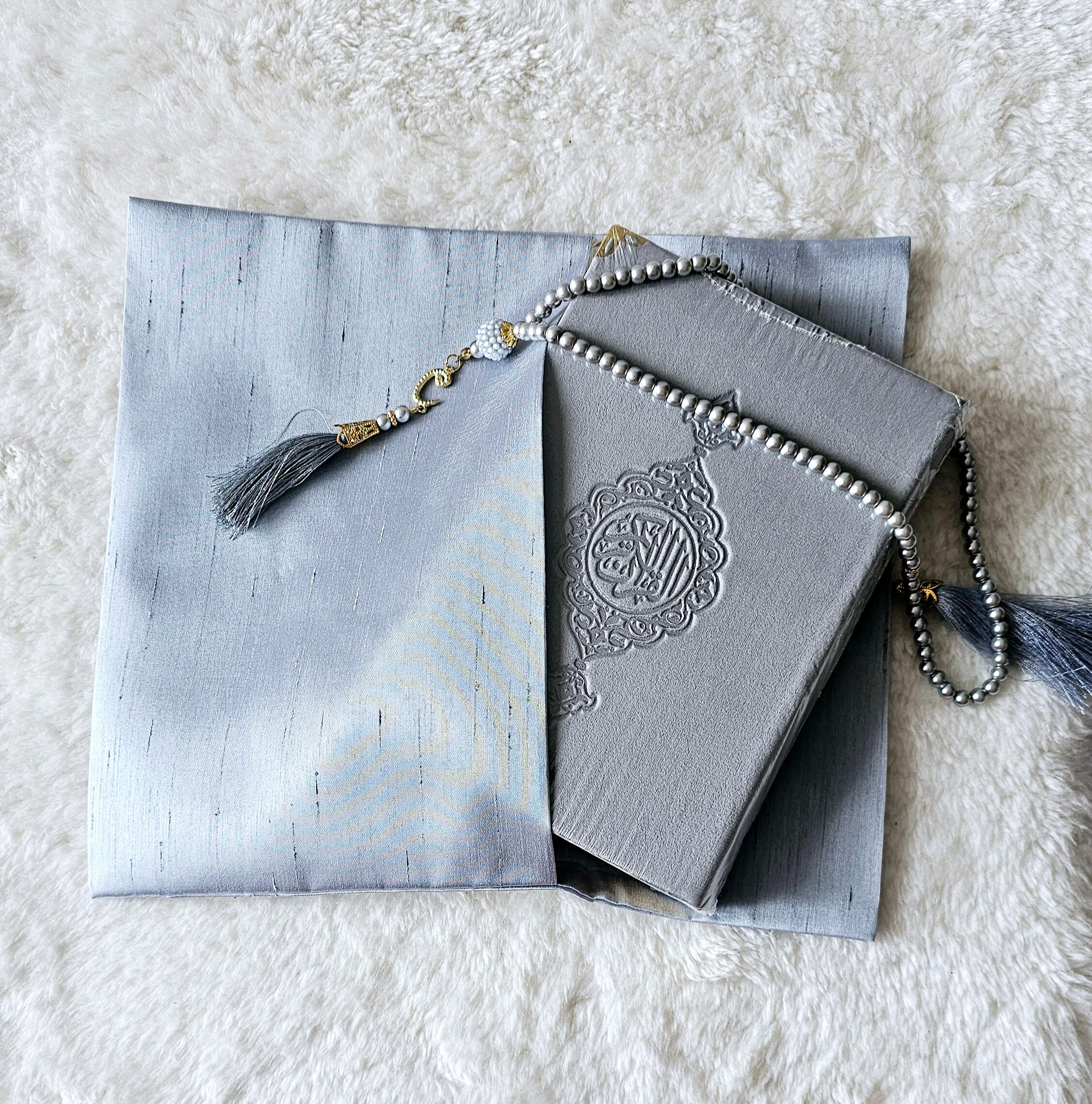 Velvet Holy Quran Book With Satin Fabric Case Pearl Tasbeh, Islamic ...