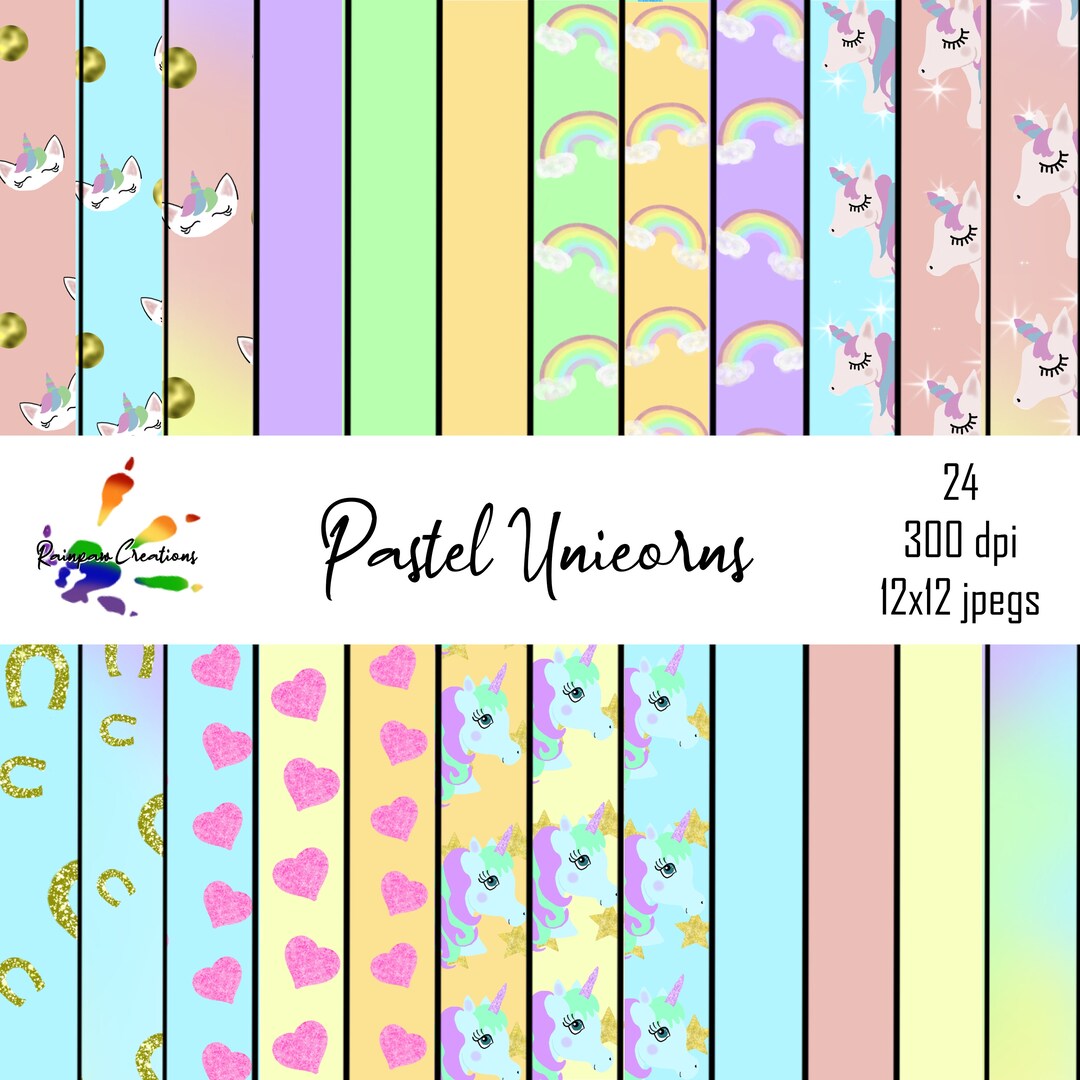 Pastel Unicorn, Rainbow Digital Paper Pack, Scrapbooking, Printable ...