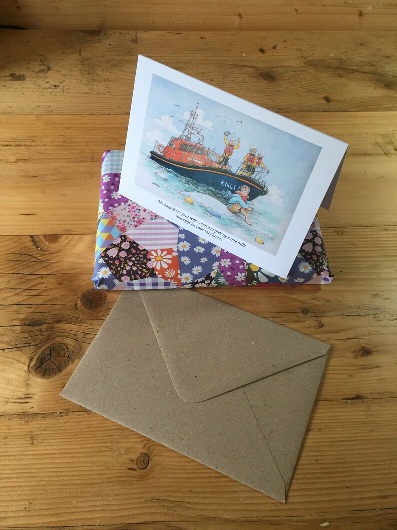 Greeting Card, Cartoon Featuring RNLI Lifeboat Rescue. Blank, Large A5 ...