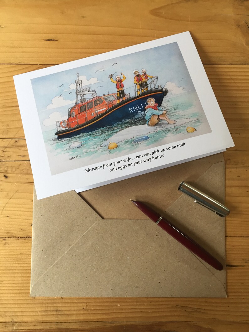 Greeting Card, Cartoon Featuring RNLI Lifeboat Rescue. Blank, Large A5 ...