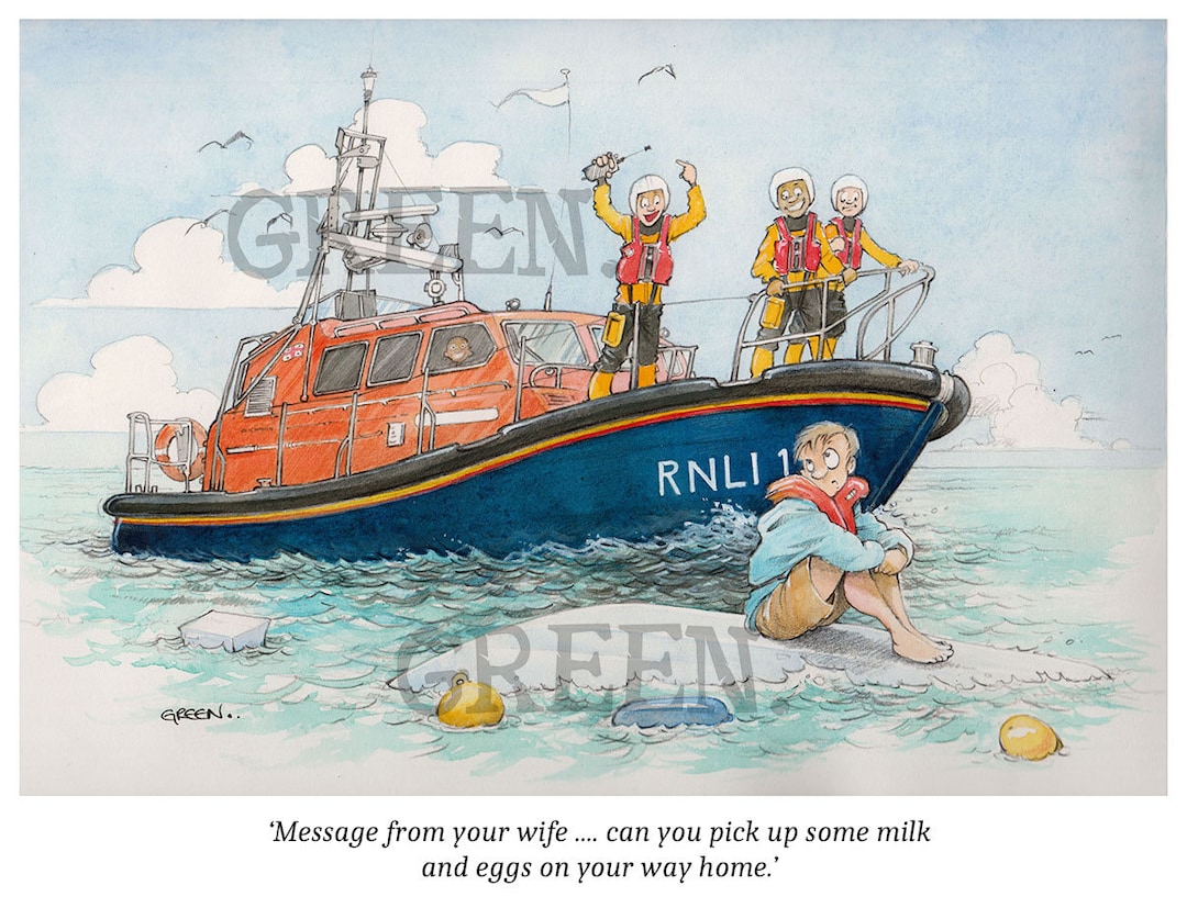 Greeting Card, Cartoon Featuring RNLI Lifeboat Rescue. Blank, Large A5 ...