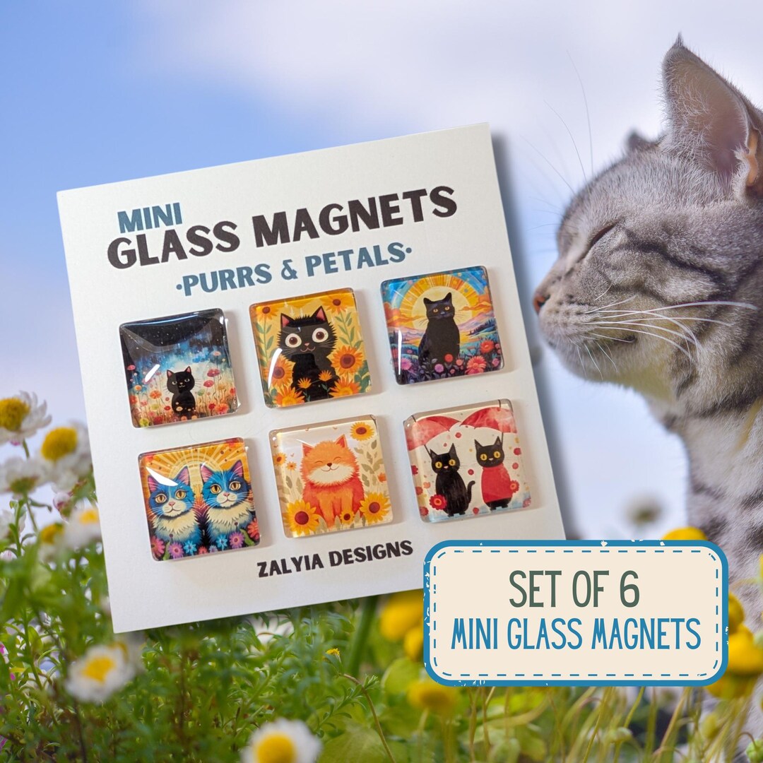 Mini Glass Magnet Set, Purrs & Petals, Cat Lovers, Nostalgic Fridge Art ...