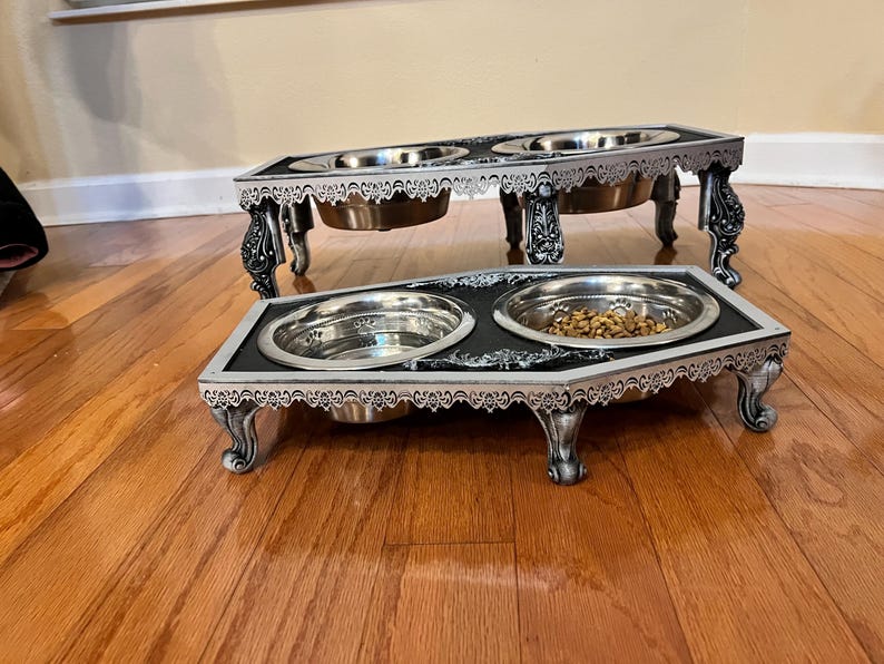 Large Coffin Shape Gothic Style Pet Feeder With Silver Filigree (bowls ...