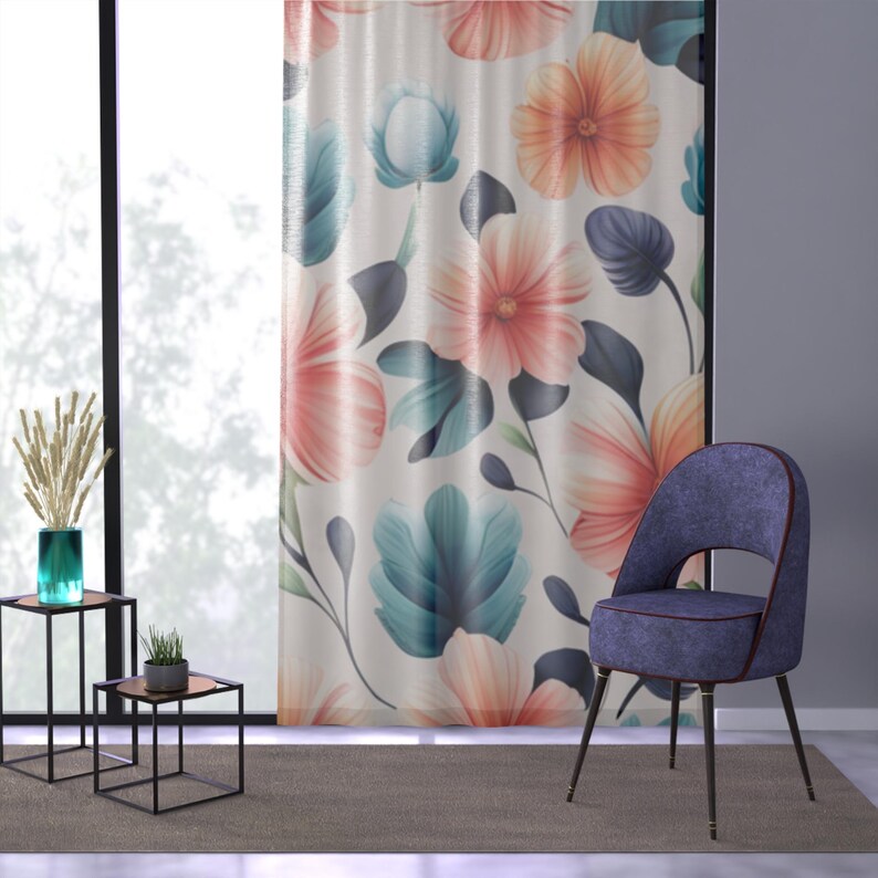 Large Pastel Flowers Window Curtain - Floral Home Decor, Soft Pastel ...