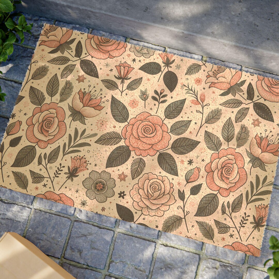 Pastel Rose Doormat | Floral Welcome Mat | Outdoor Coir Door Mat | Soft ...