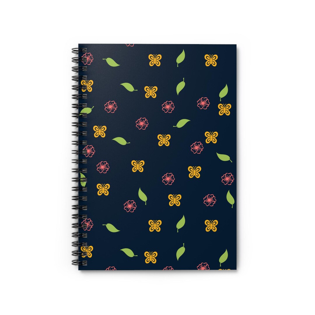 Flowers and Butterflies on Navy Blue, Notebook - Ruled Line - Etsy