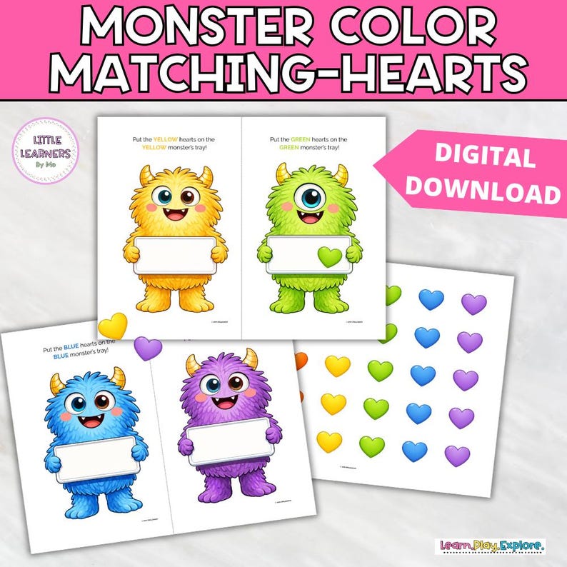 Monster Color Matching Hearts Printable | Toddler & Preschool Color ...