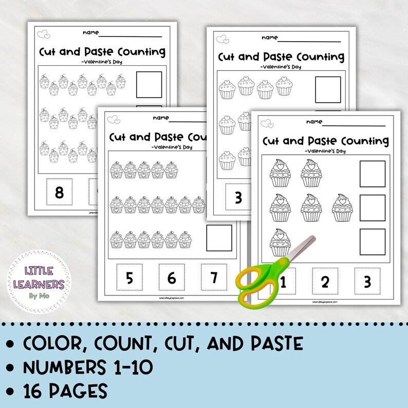 Valentine’s Day Cut and Paste Worksheets for Kids | Preschool Counting ...