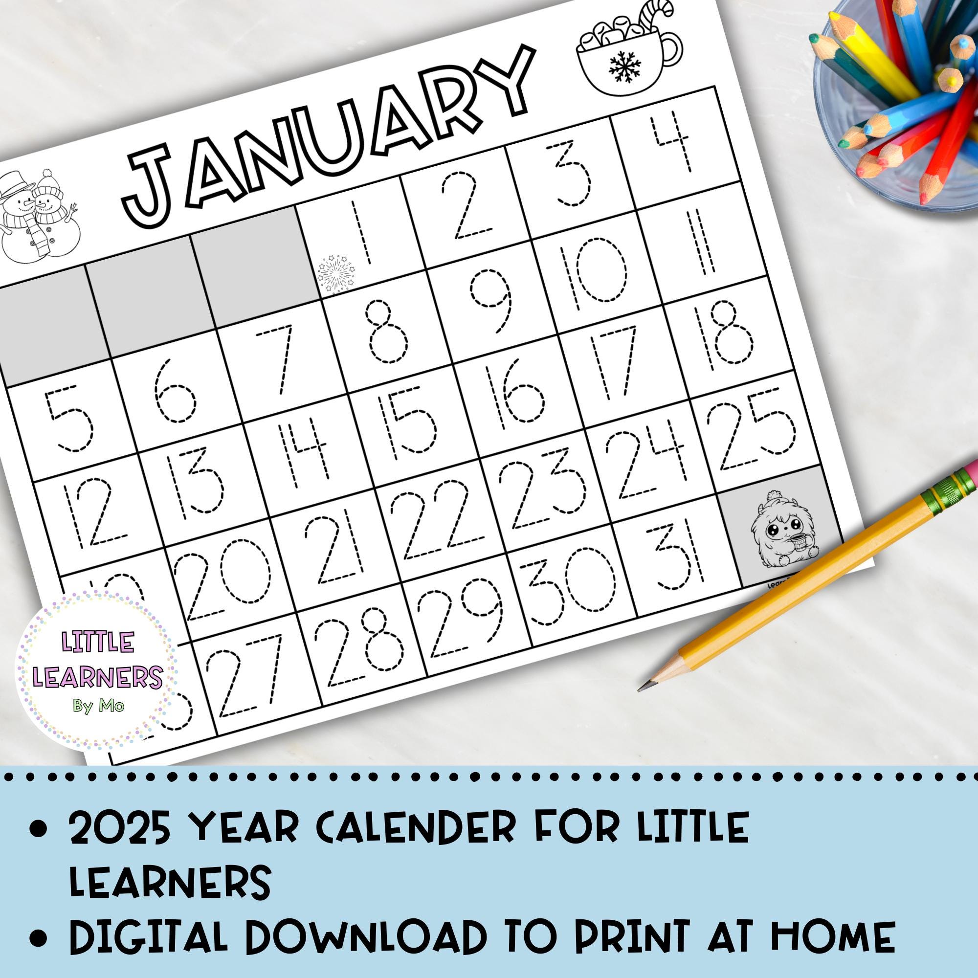 2025 Number Tracing Calendar Printable | Preschool Learning Calendar ...