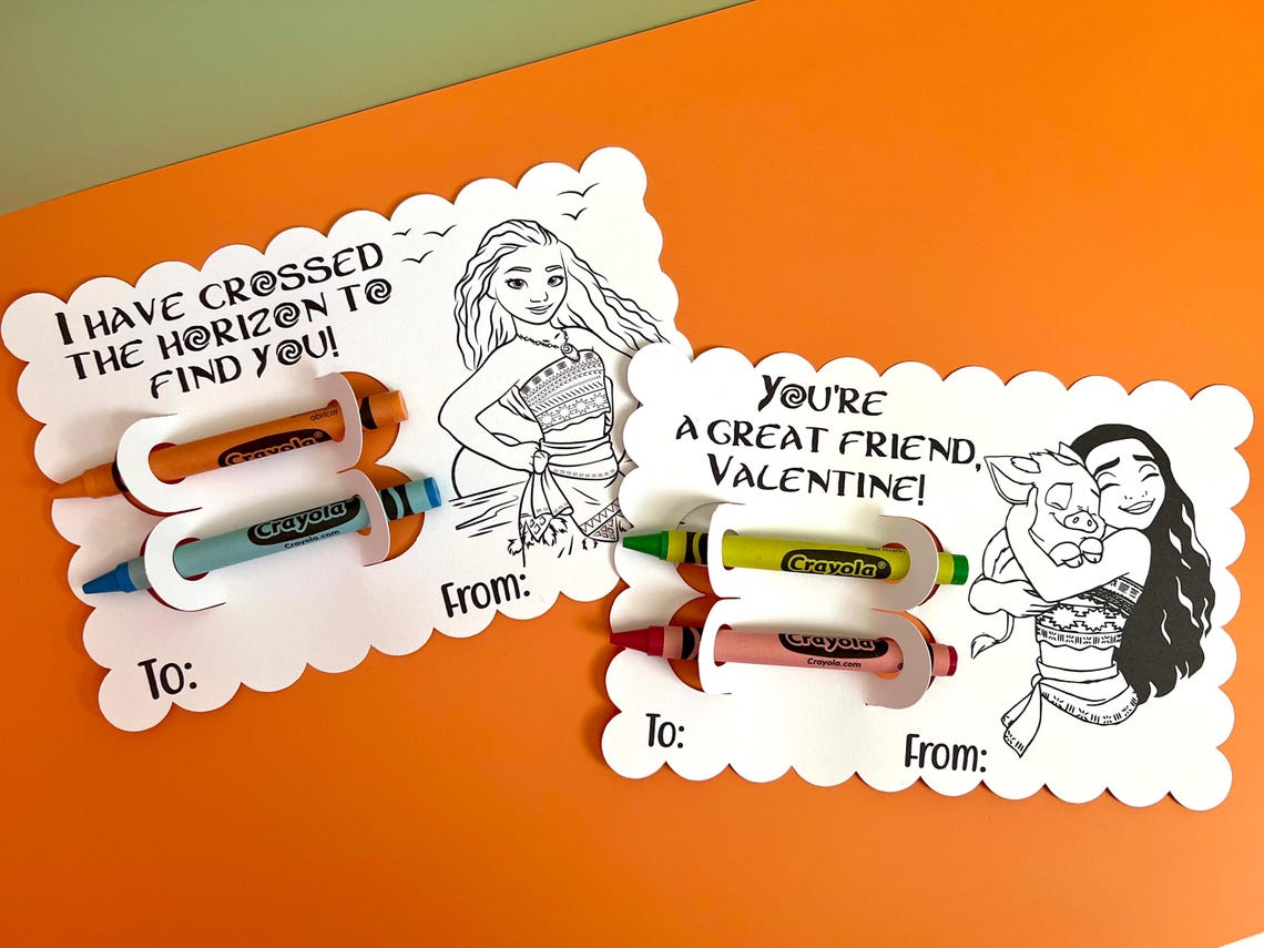 Moana Valentine Color Card With Crayons: Party Favors - Etsy