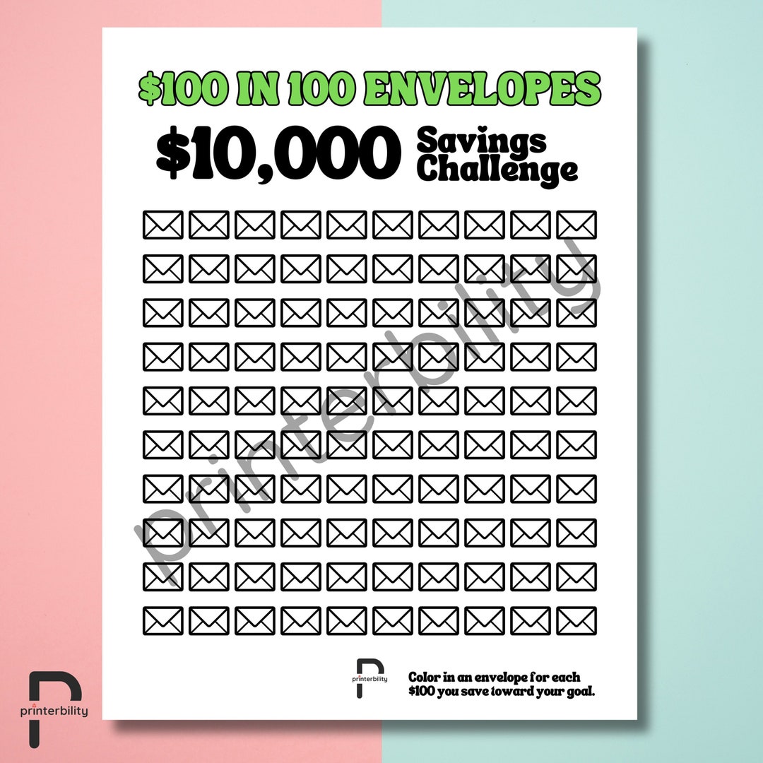 10K Challenge in 100 Envelopes - Printable Savings Challenge - Etsy