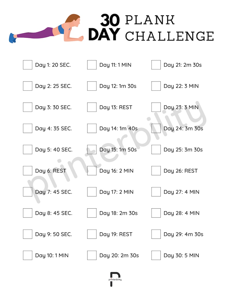 30 Day Printable Fitness Challenge - Sit Ups, Planks & Push Ups! - Etsy