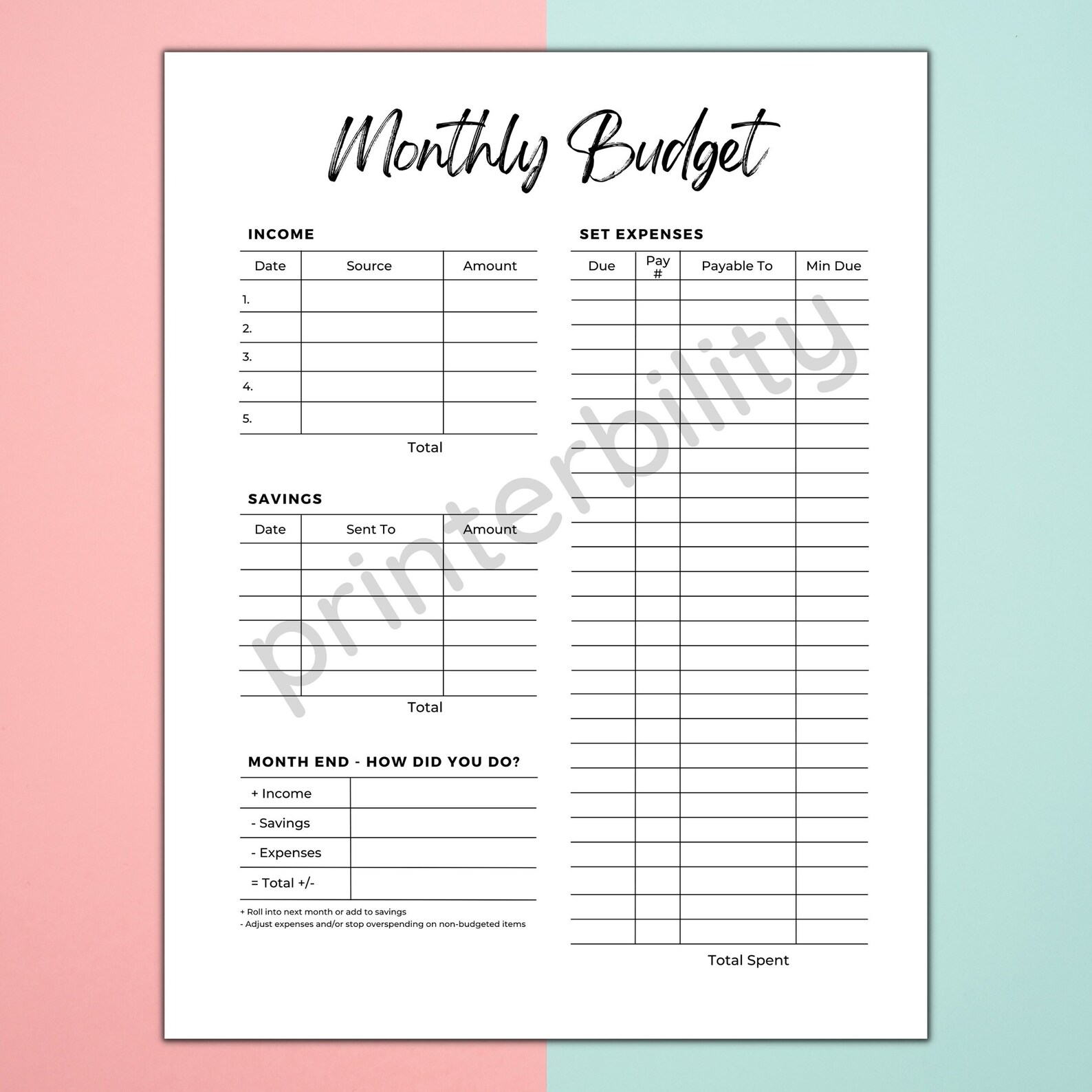 Printable Monthly Budget Sheet Make Budgeting Easier - Etsy