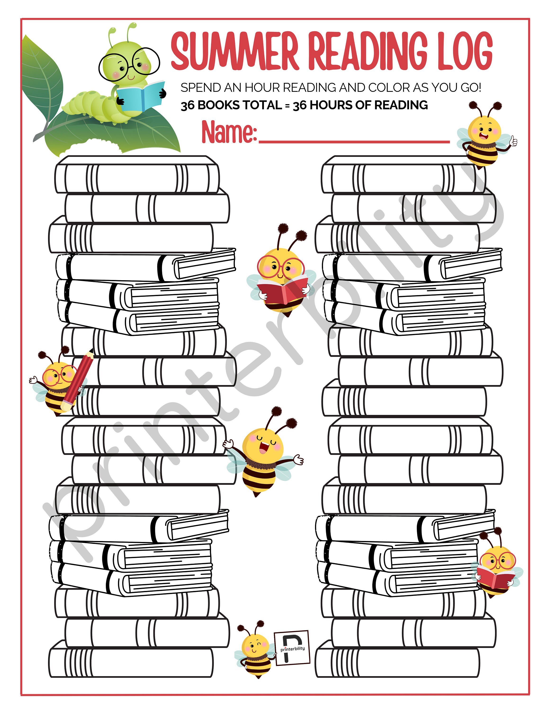 Printable Kids Summer Reading Log - Instant Download to Track 36 Hours ...
